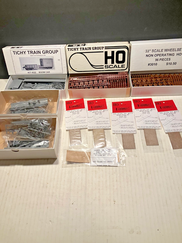 ASSORTED LOT HO TICHY FREIGHT CAR KITS , WHEELS (5) LASER KIT FLAT CAR ...