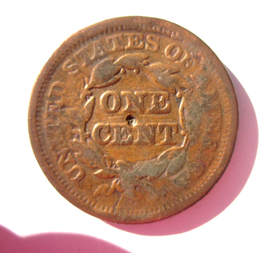 1851 LARGE CENT COPPER PENNY 1C BRAIDED HEAD RARE COUNTERSTAMPED E.R ...