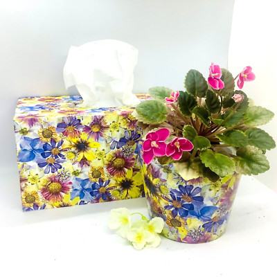 Duo of modern hand decorated ceramic flower pot and wooden tissue box ...
