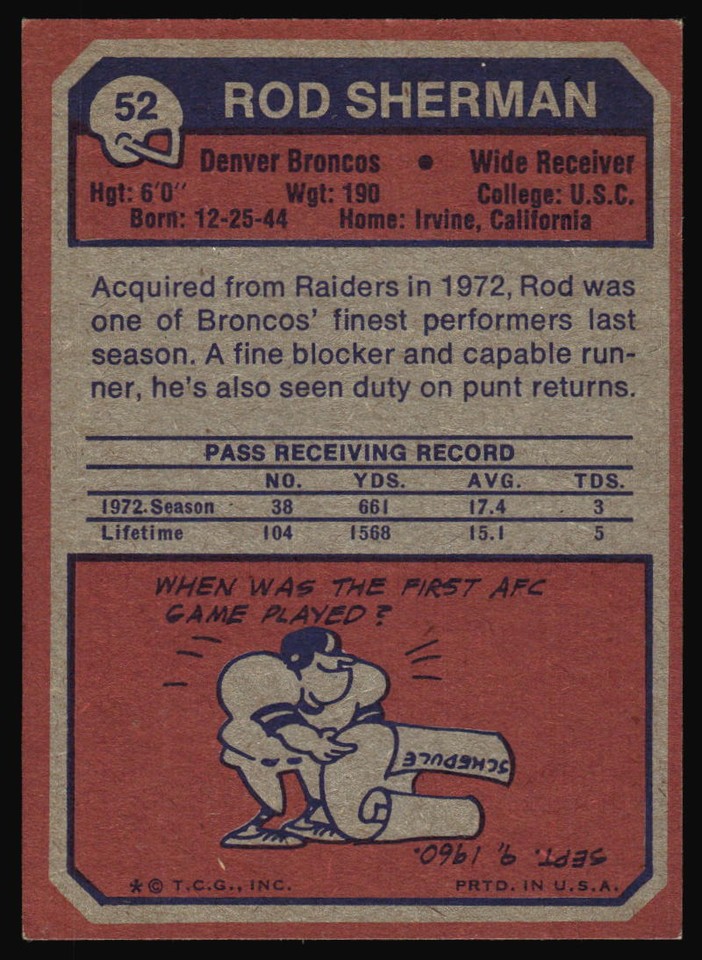 1973 Topps Rod Sherman Rookie #52 Denver Broncos | eBay