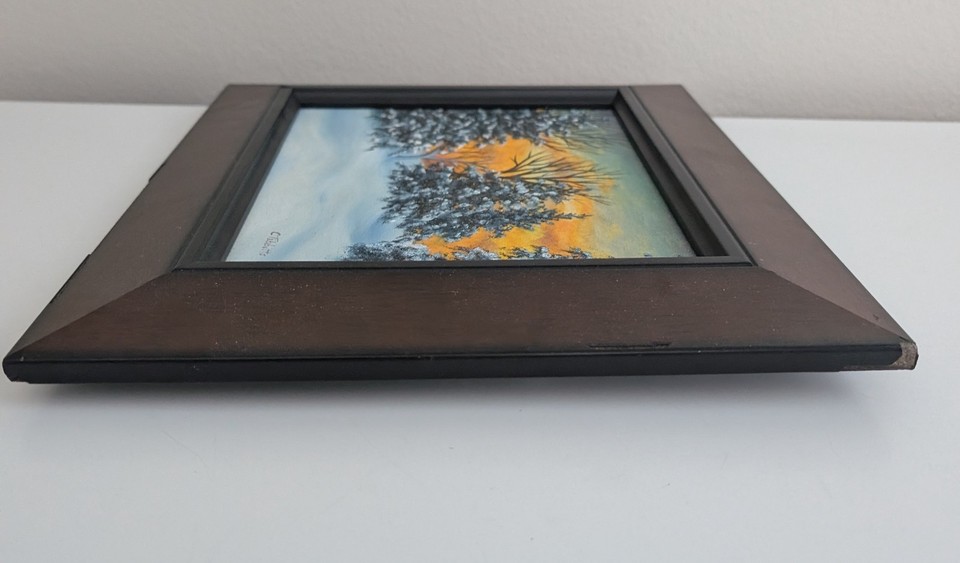 Winter landscape painting artwork framed canvas forest sunset trees ...