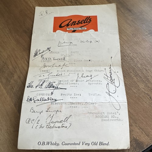 1939 Ansells Beer Dinner Menu Farcroft Hotel Handsworth WWII Home Front ...