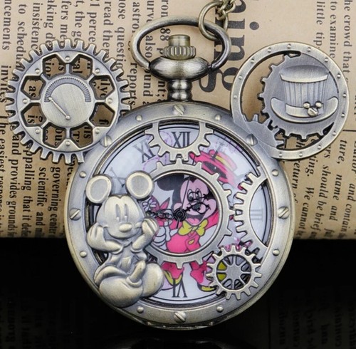 Mickey Mouse Vintage Style Bronze Pocket Watch w/ Mouse Ears and Chain ...