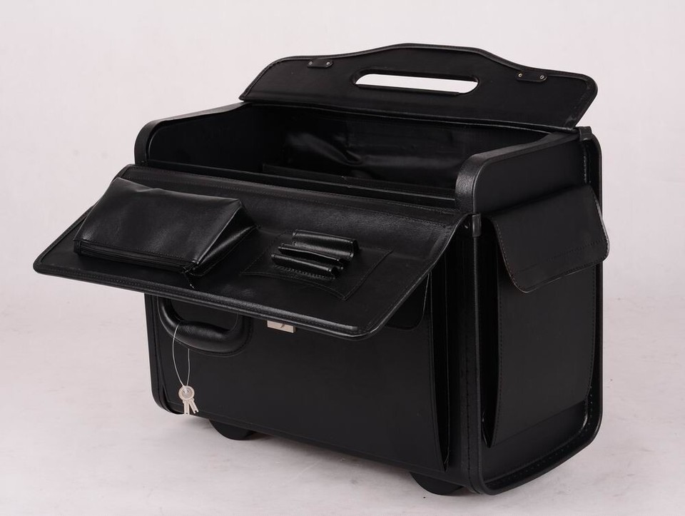 Large Quality Leather Pilot Case Wheeled Laptop Trolley Flight Bag Hand ...
