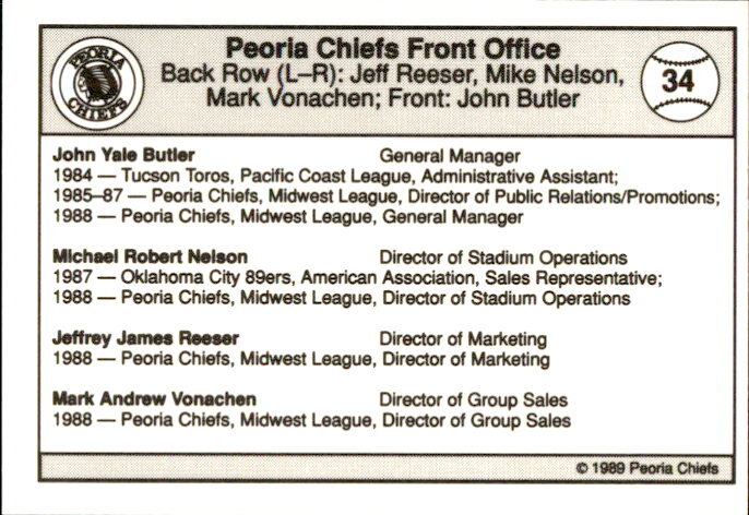 1989 Peoria Chiefs Team Issue Jeff Reeser Mike Nelson Mark Vonachen ...