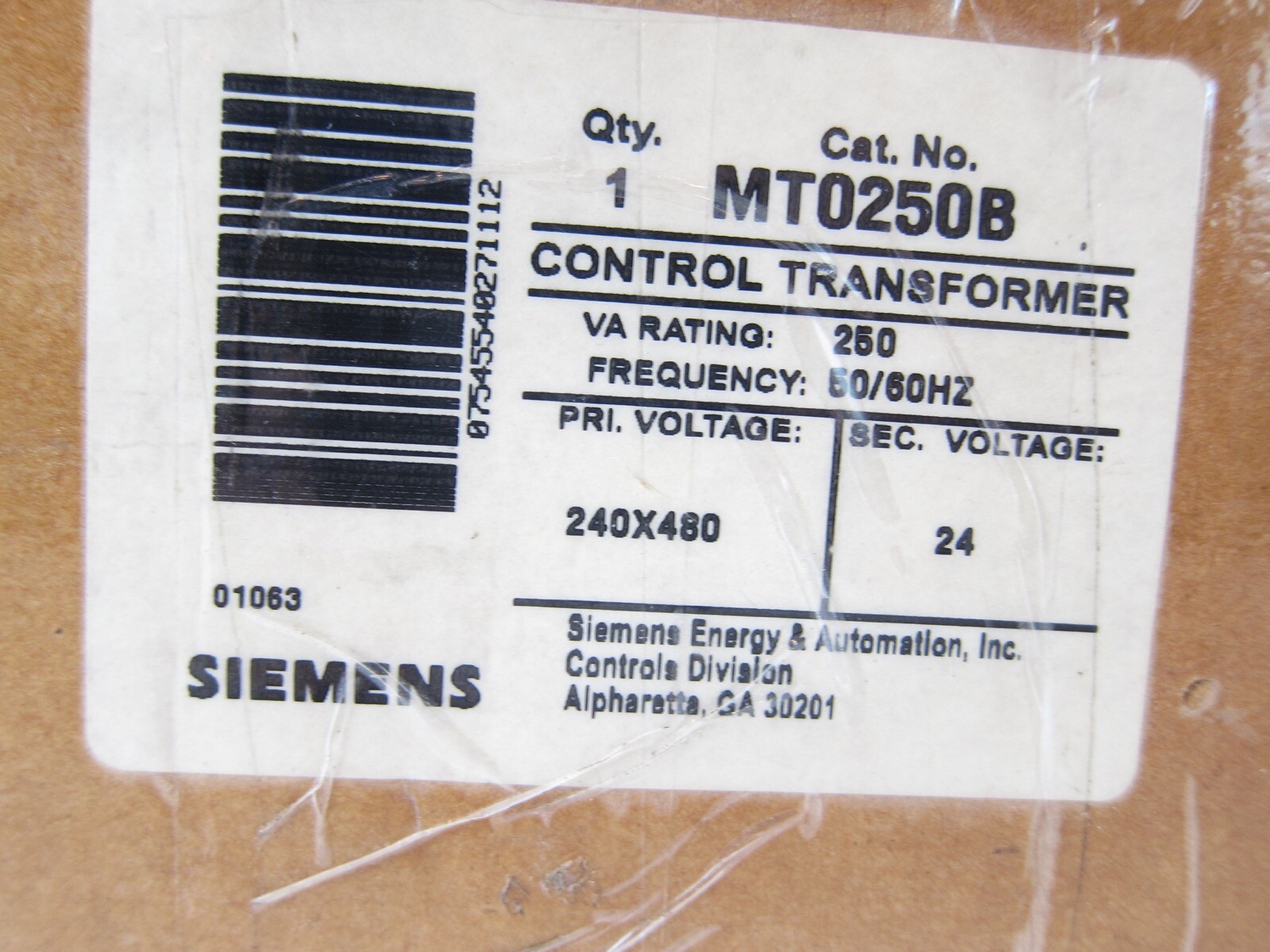 Siemens Industrial Controls MT0250B 240x480-24v 250va Transformer for ...