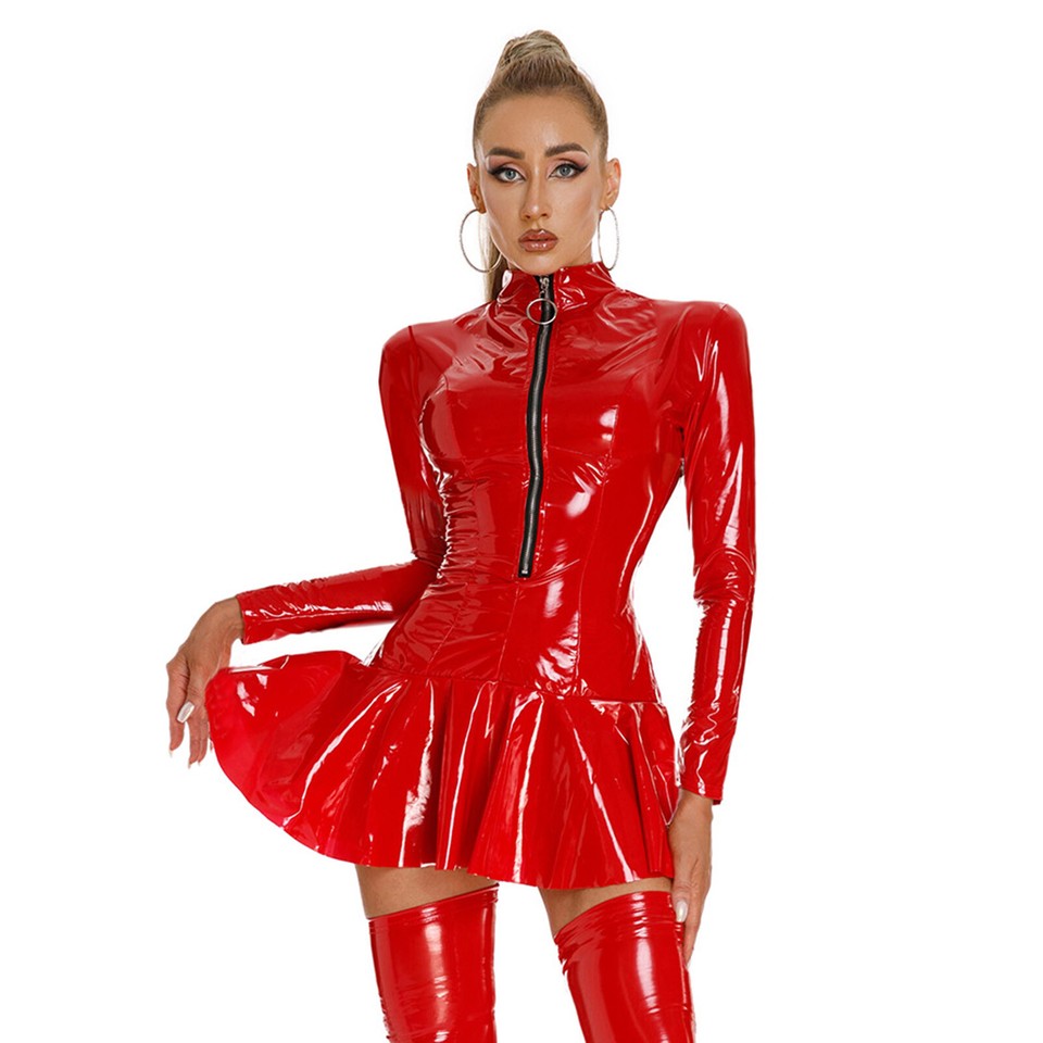 Womens Clubwear Shiny Metallic Costume Latex Dress Mini Lingerie Wet ...