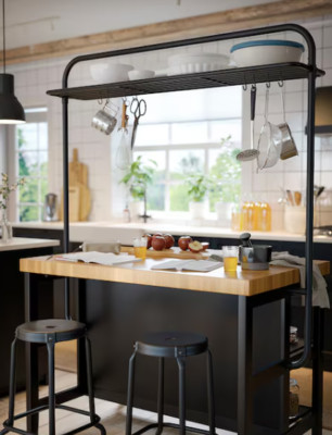 IKEA VADHOLMA Kitchen island with rack, black/oak | eBay UK