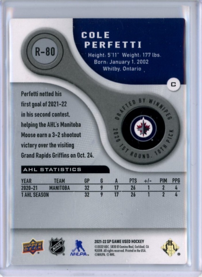 2021-22 SP Game Used '05-06 Retro Rookies #R80 Cole Perfetti RC /999 ...