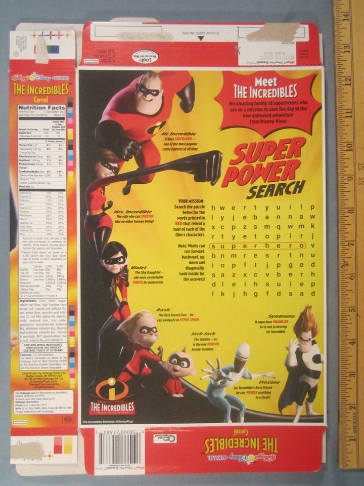 2004 MT KELLOGG'S Cereal Box THE INCREDIBLES Power Search Game ...