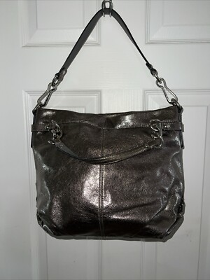 COACH Brooke Handbag Leather Pewter Silver Metallic Hobo Bag Purse ...