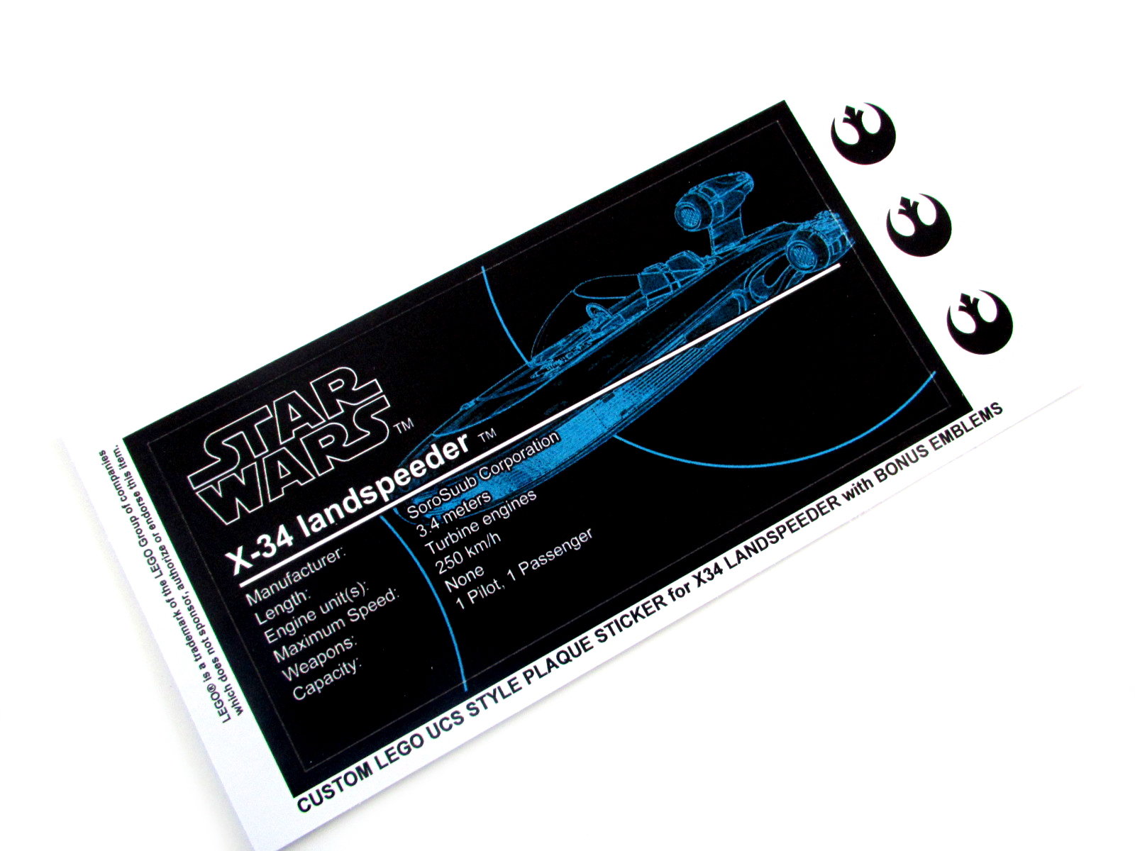 CUSTOM UCS STYLE PLAQUE STICKER for STAR WARS X-34 LANDSPEEDER + BONUS ...