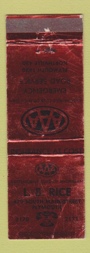Matchbook Cover - LB Rice Insurance Auto Club of Michigan AAA Plymouth ...