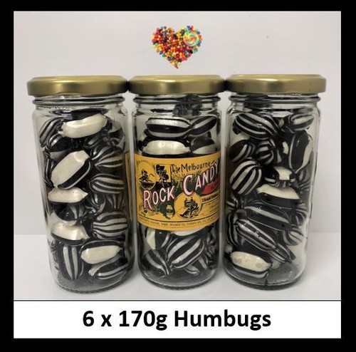ROCK CANDY HUMBUGS 170G X 6 JARS 1KG WHITE BLACK LOLLIES BOILED ...