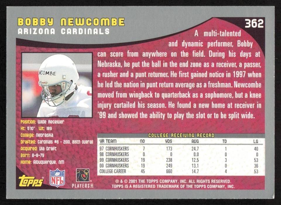 2001 Topps Football Bobby Newcombe RC #362 Arizona Cardinals | eBay