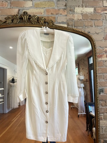 Vintage 80s/90s White Pearl Sheer Long Sleeve Collar Courthouse Rehearsal Bridal | eBay