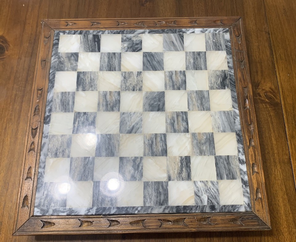 Vintage Onyx And Graphite Marble Chess board With Hand Carved Wood ...