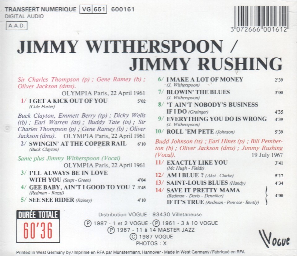 Jimmy & Jimmy by Jimmy Witherspoon/Jimmy Rushing (CD, 1987 Vogue) Blues ...