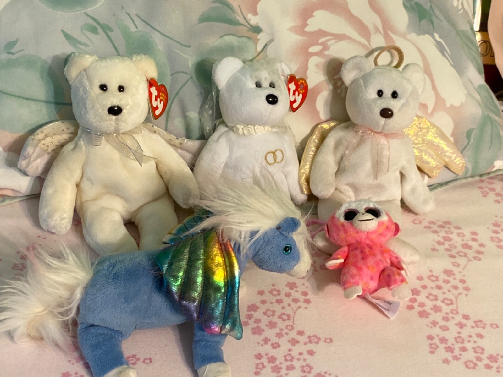 SET OF 5 TY BEANIE BABIES • HERALD- PEGASUS- Mrs.- HALO- &RUBY BEANIE ...