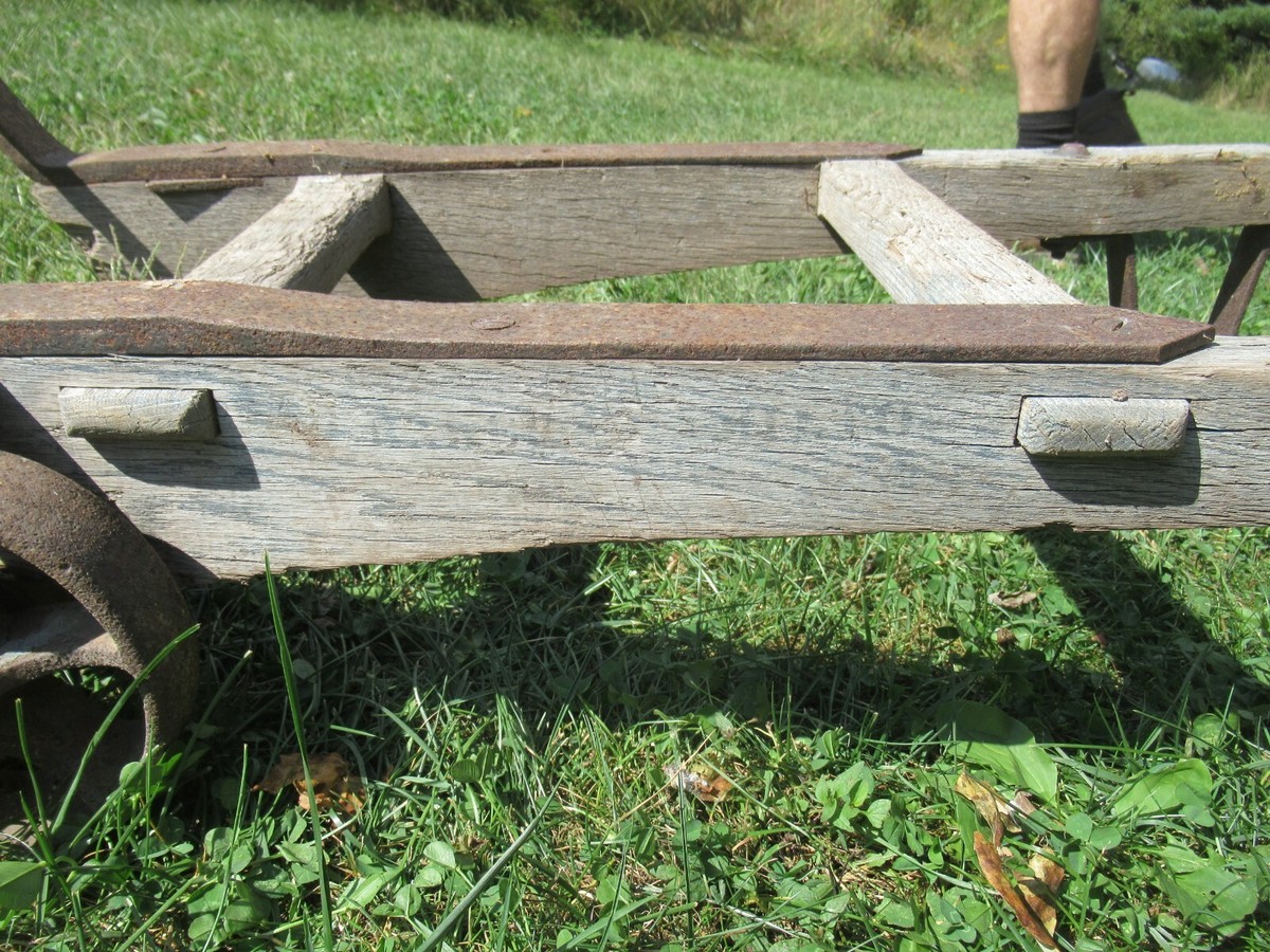 Antique Hand Truck Dolly Primitive Oak Industrial Cast Iron Wheels