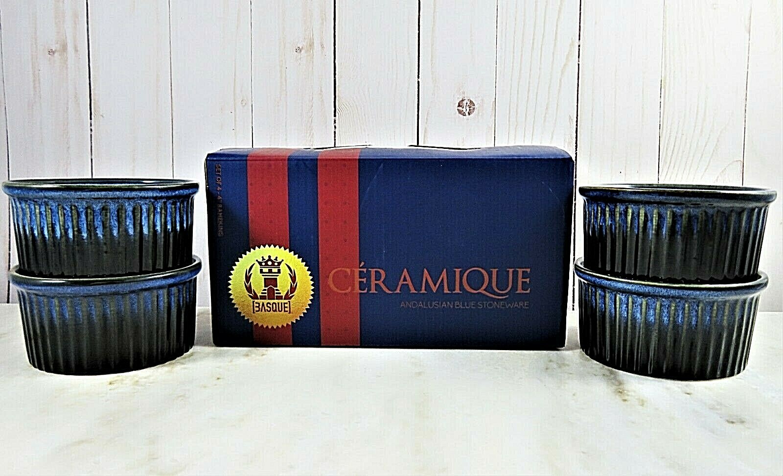 Basque Ceramique Ramekins Andalusian Blue Stoneware Set Of 4 New Open ...