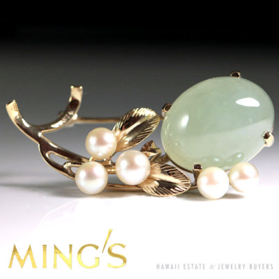MING'S HAWAII JADE PEARL LEAF BROOCH PIN 14K YELLOW GOLD MINGS JEWELRY ...
