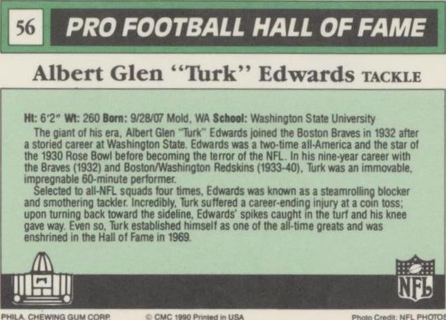 Las mejores ofertas en 1990 Swell Pro Football Hall of Fame Turk ...