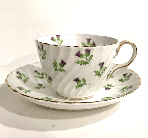 Aynsley Thistle Pattern Cup & Saucer Ribbed w/Gold Trim English Bone ...