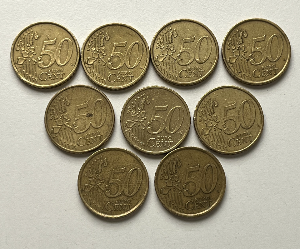 Nine (9) Circulated 50 Euro Cents Coins, Various Mints, Uncertified ...