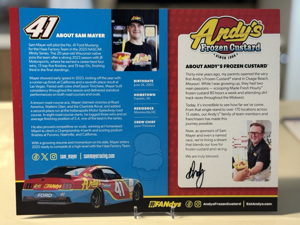 2025 SAM MAYER "ANDY'S FROZEN CUSTARD" #41 NASCAR XFINITY SERIES ...