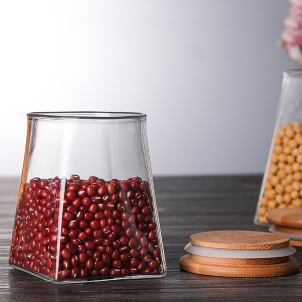 500ML Glass Sealed Storage Can Square Glass Storage Tank with Wooden ...