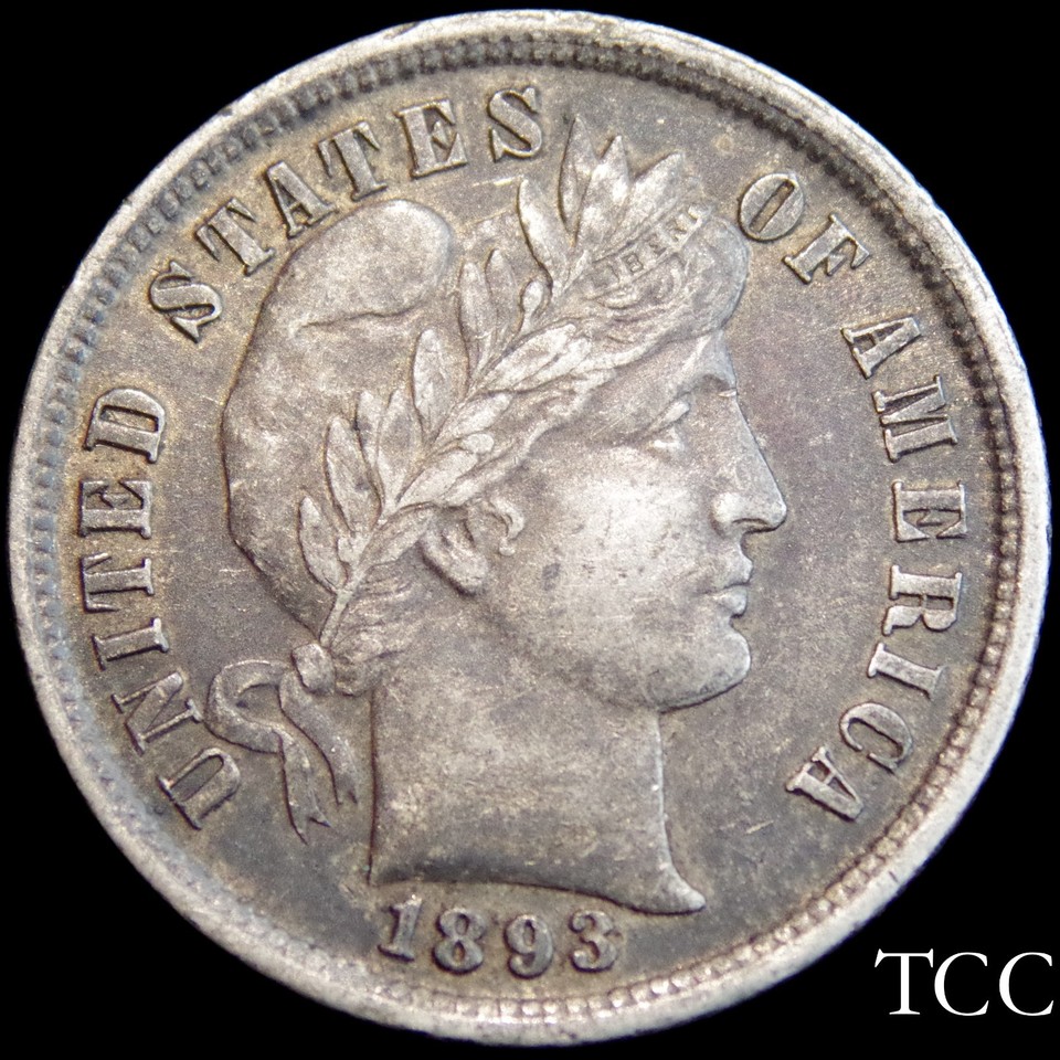 1893 P BARBER DIME ~ FULL LIBERTY, TONED 10c COIN ~ FREE SHIPPING ~ TCC ...
