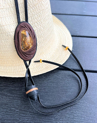 Amber Bolo Tie with genuine Leather. Western Necklace. 100% Cowboy Bolo ...