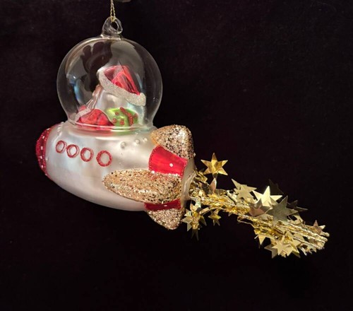 BLOWN GLASS SANTA IN ROCKET SHIP CHRISTMAS ORNAMENT~OUTER SPACE~SHUTTLE ...