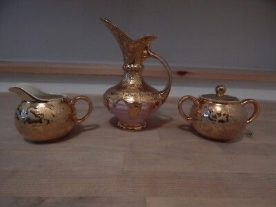 Weeping 24 KT Gold 7" tall Pitcher Pink base With sugar bowl & cream ...