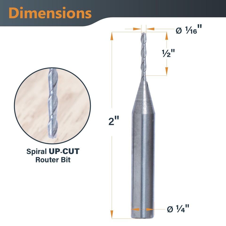 POWERTEC Up Cut Spiral 1/16" Router Bit, 1/4" Shank Tungsten Carbide ...