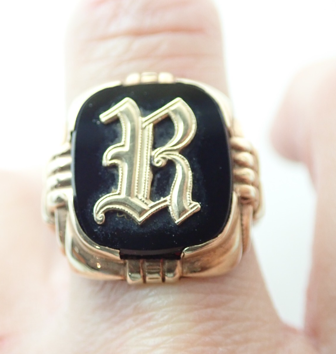 Antique Art Deco Ostby Barton OB 10k Gold Signet Initial "R" Onyx Band ...