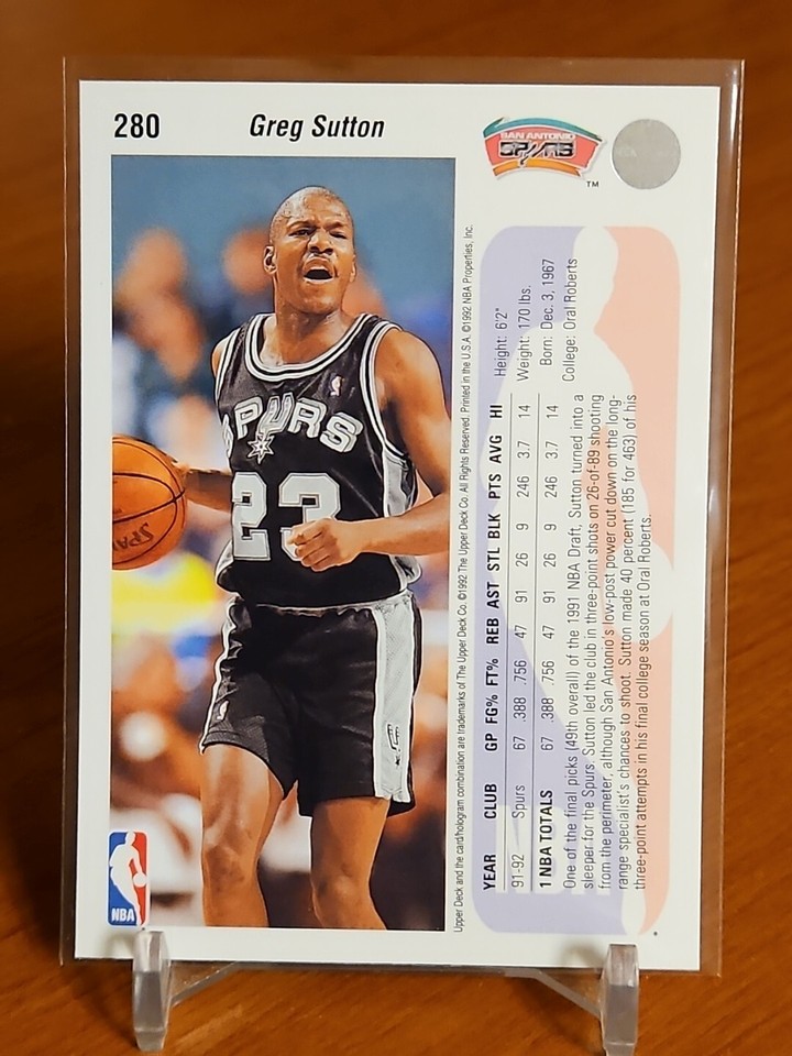 1992-93 Upper Deck Basketball Card Greg Sutton San Antonio Spurs #280 ...