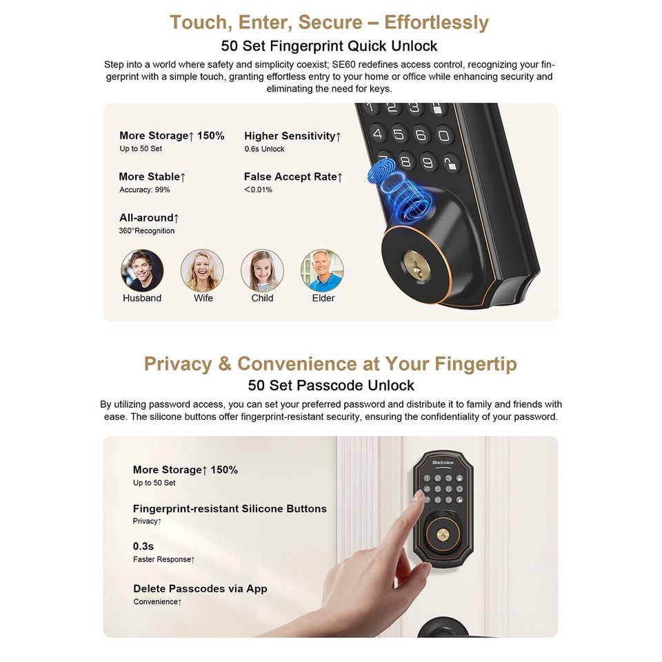 Blackview Smart Door Lock Set Fingerprint Keyless App Bluetooth Digital ...