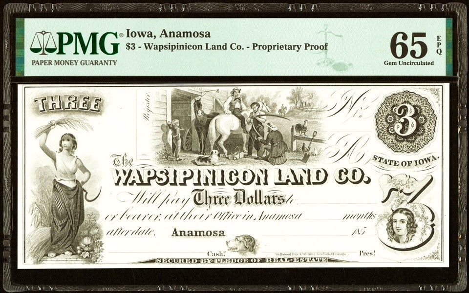 IA $3 ANAMOSA Iowa The Wapsipinicon Land Co Scrip Proprietary Proof PMG ...