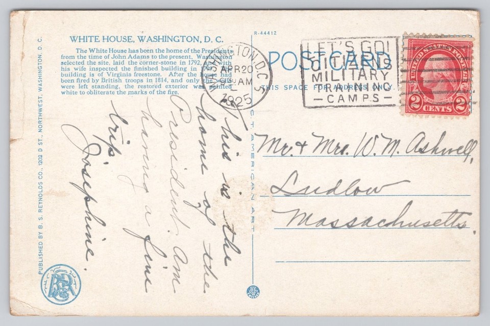 Vintage 1925 White House Washington DC Postcard Posted B.S. Reynolds | eBay