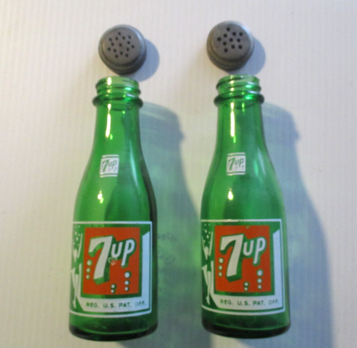 5 1/2" GREEN GLASS 7Up SODA POP SALT & PEPPER SHAKERS GIRL IN SWIMSUIT ...