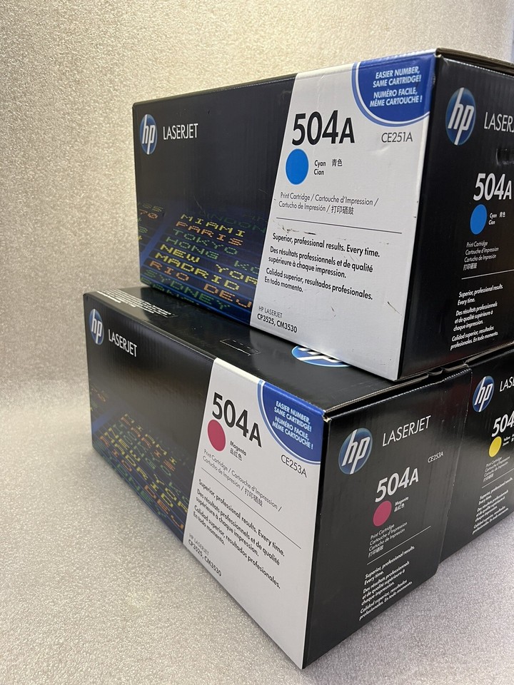 Set of 3 Genuine HP LaserJet 504A Cartridges CE251A CE252A CE253A NEW ...