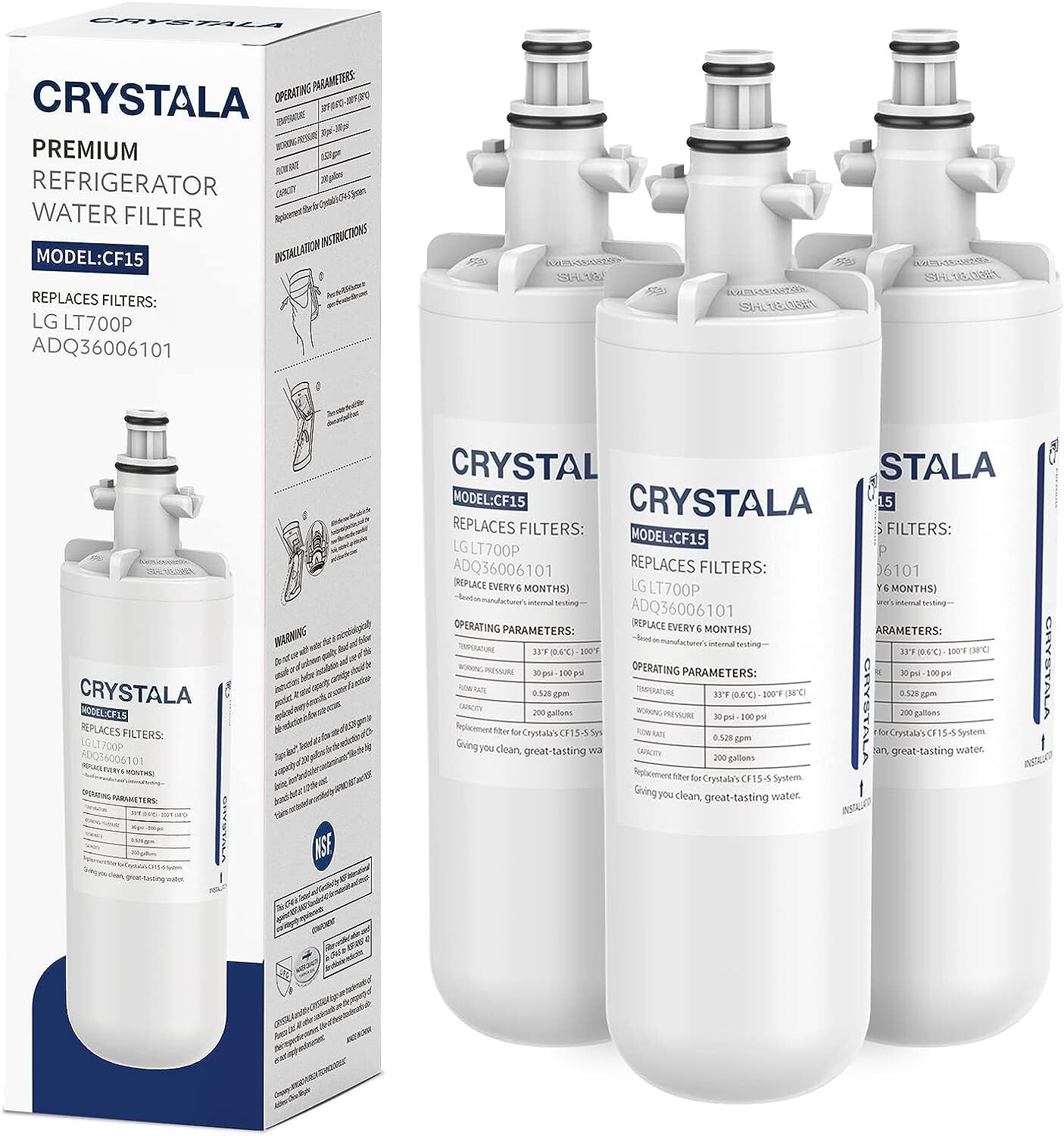 Crystala Filters LT700P Refrigerator Water Filter Replacement 3 Pack | eBay