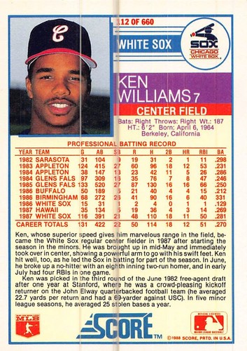 Ken Williams 1988 Score 112 Chicago White Sox Rookie Baseball Card | eBay