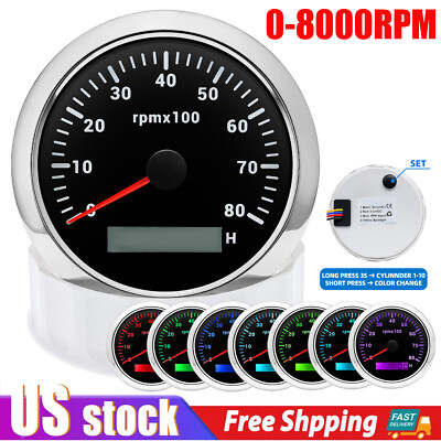 85mm Waterproof Tachometer Gauge 0-8000RPM 7Colors LED For Car Marine ...