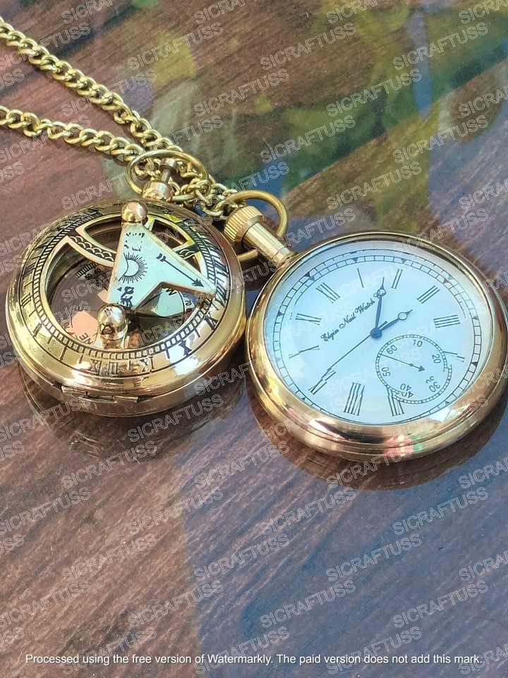 Set of Brass Elgin Pocket Watch & Push Button Sundial Compass Watch. | eBay