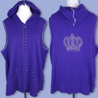 Quacker Factory Purple Sleeveless Full Zip Hoodie Vest Rhinestones ...