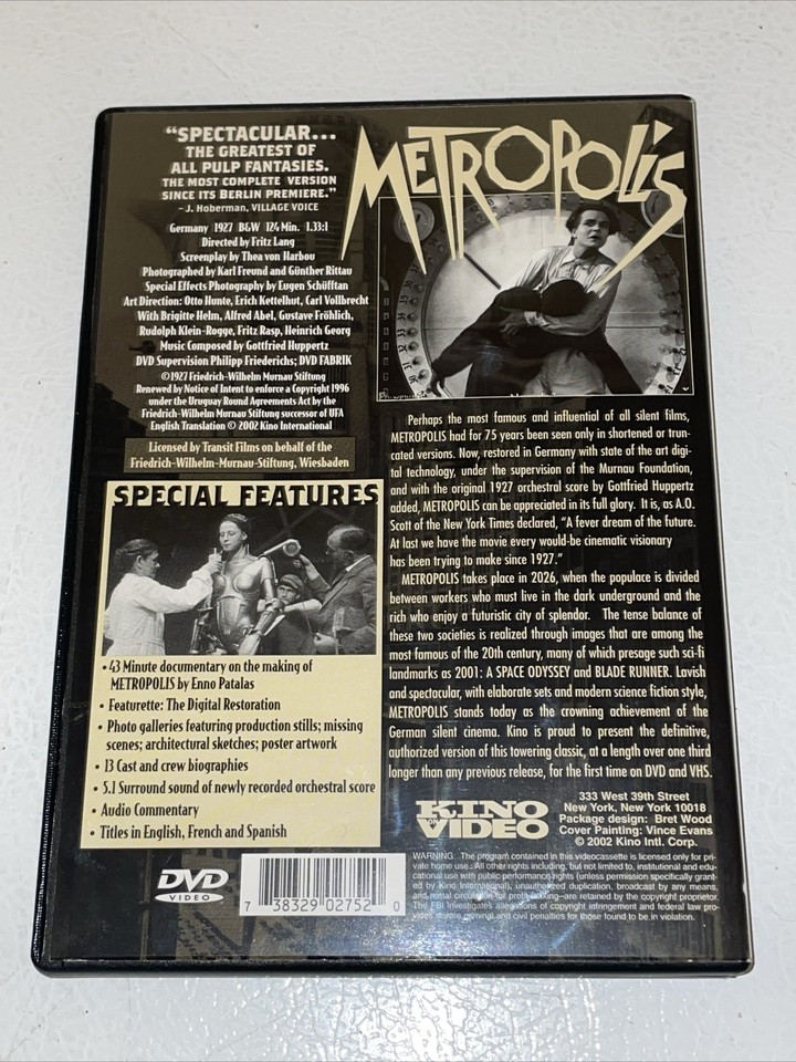 Metropolis DVD, 2003, Restored Authorized Edition 2002 Fritz Lang B&W W ...