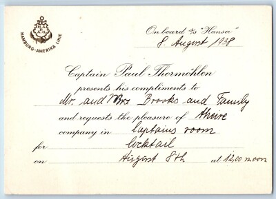 SS Steamer Ship Hansa Postcard Captain Invitation 1938 Posted Vintage ...